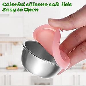 AKONEGE Salad Dressing Container To Go, 4x1.6oz Small Condiment Containers with Lids, 18/8 Stainless Steel for Lunch Bento Box, Premium Silicone, Leakproof, Reusable Sauce Cups