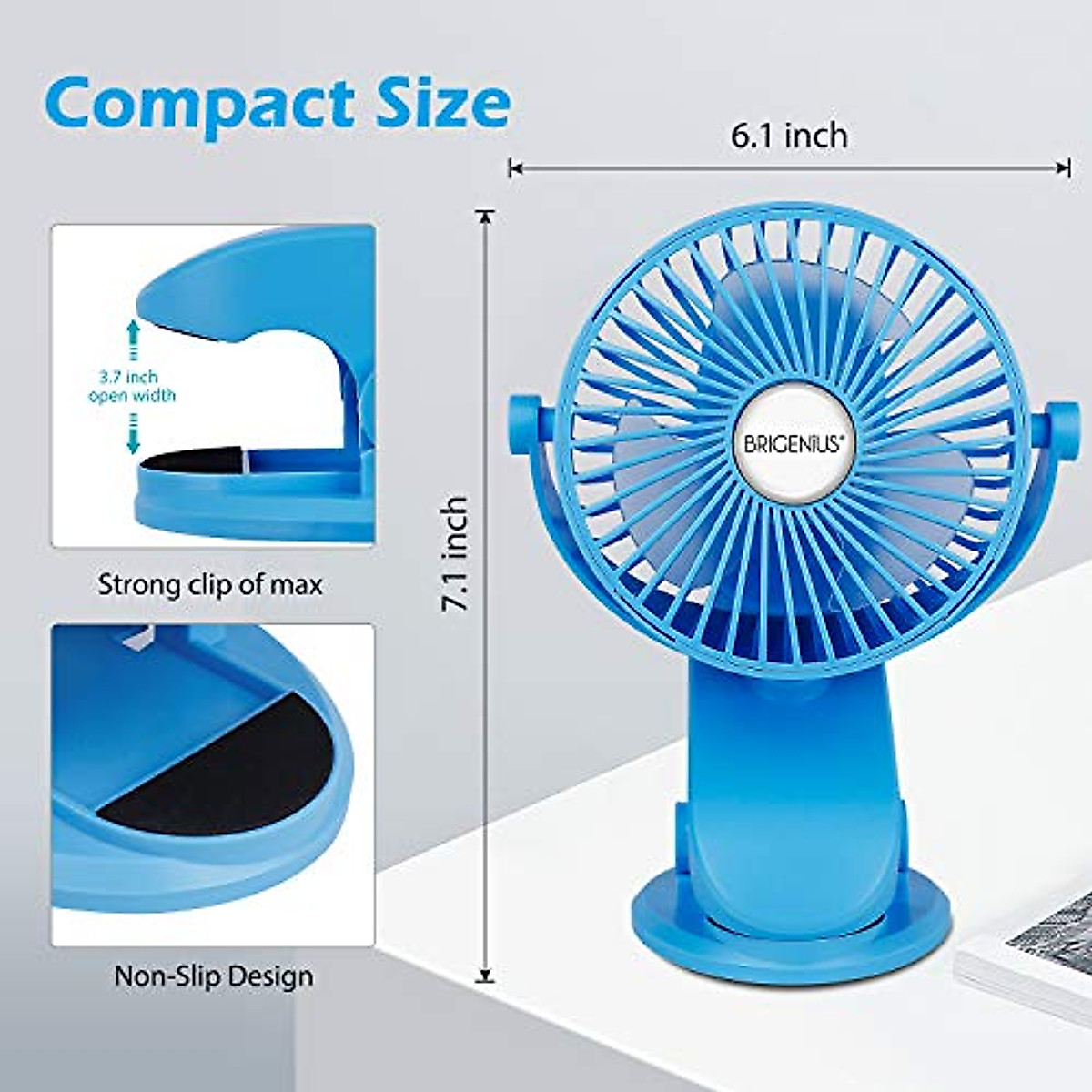 BRIGENIUS Clip on Stroller Fan, Battery Operated Portable Mini Desk Fan Rechargeable, USB Powered Clip Fan for Baby Stroller Office Outdoor Travel, Blue