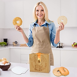 FunisFun Wood Bagel Cutter Slicer for Small and Large Bagels Adjustable Bamboo Bagel Holder with Silicon Hamburger Holder for Bread Slicing