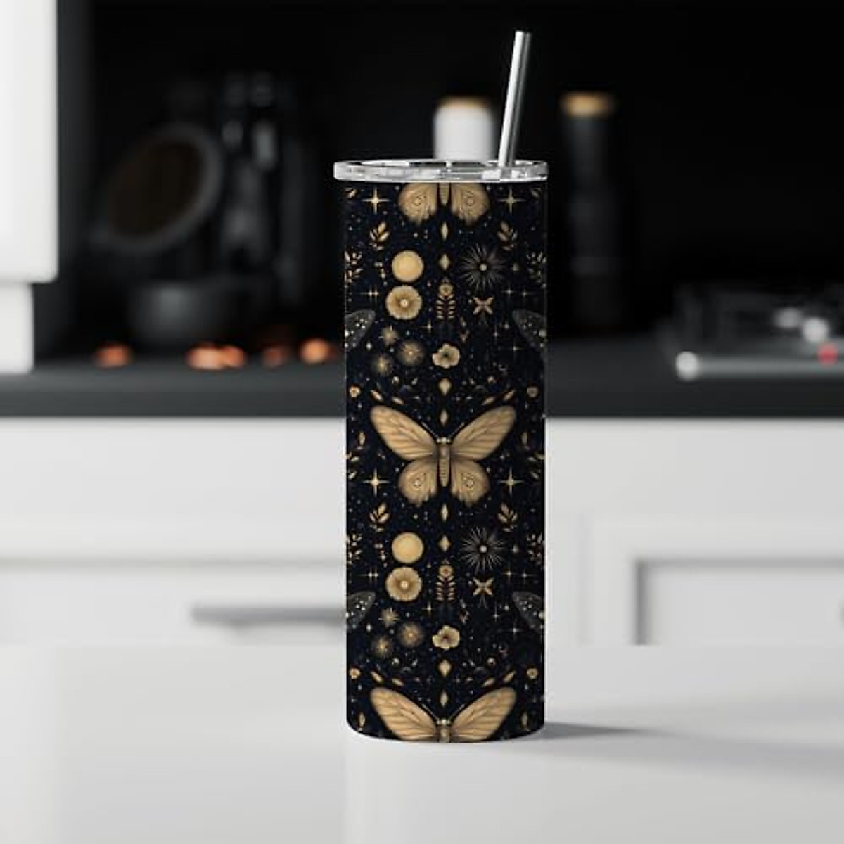 Medpol Black Gothic Butterfly tumbler with lid and straw 20 oz insulated tumbler cups Black Gothic Butterfly insulated travel coffee mugs for women cute sippy cups stainless insulated travel cups