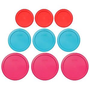 Pyrex (3) 7402-PC 6/7 Cup Fuchsia (3) 7201-PC 4 Cup Surf Blue (3) 7200-PC 2 Cup Red Replacement Food Storage Lids Made in the USA