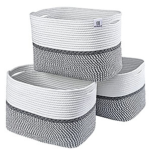 RITHLELA Woven Baskets 15"x10"x9" Cotton Rope Cube Storage Baskets Set of 3 Decorative Baskets Closet Cloth Storage Baskets and Bins for Shelves with Handles for Blanket, Laundry, Clothes - Grey
