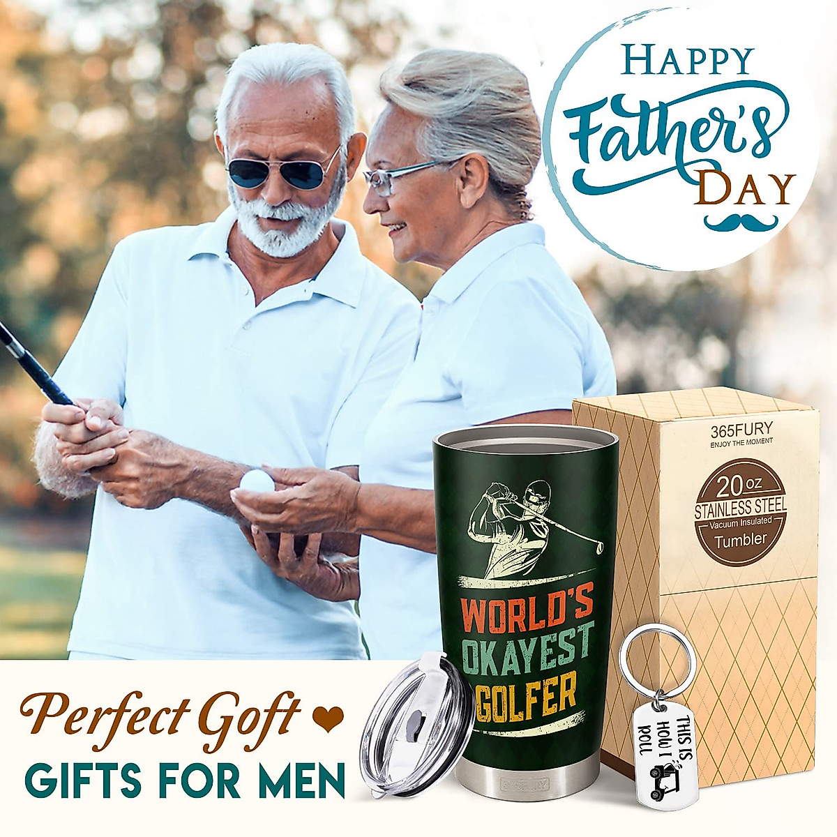 365FURY Golf Gifts For Men, Dad - Christmas, Fathers Day Golf Gifts For Men, Dad - Worlds Okayest Golfer 20oz Tumbler & Keychain - Golf Gag Gifts Accessories For Men Golfers, Funny Birthday Golf Gifts