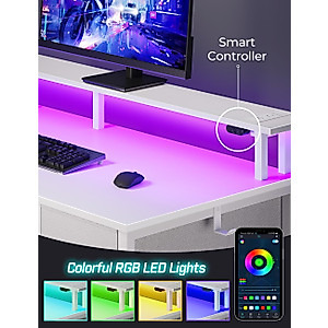 Seventable Computer Desk with Power Outlets & LED Light, 39 inch Home Office Desk with 5 Drawers, Writing Desk with Monitor Stand, Work Desk for Home Office, White