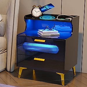 dnbss LED Nightstand with Wireless Charging Station, Modern Nightstand with LED Lights, 3 Color Dimmable Auto Sensor, Smart Bedside Table with 2 Drawers and Open Shelf, Gloss Black
