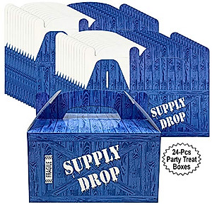 Supply Drop Favor Box | 24 Count Party Treat Boxes | Battle Gamers Goodie Loot Drop Box | Blue Crate Party Supplies Gamer Decorations