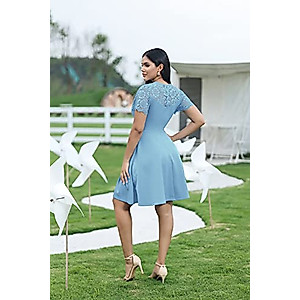 Kate Kasin Women's Retro Crewneck Lace Splicing A Line Cocktail Dress Formal Wedding Guest Party Sexy Prom Dresses Short Light Blue S