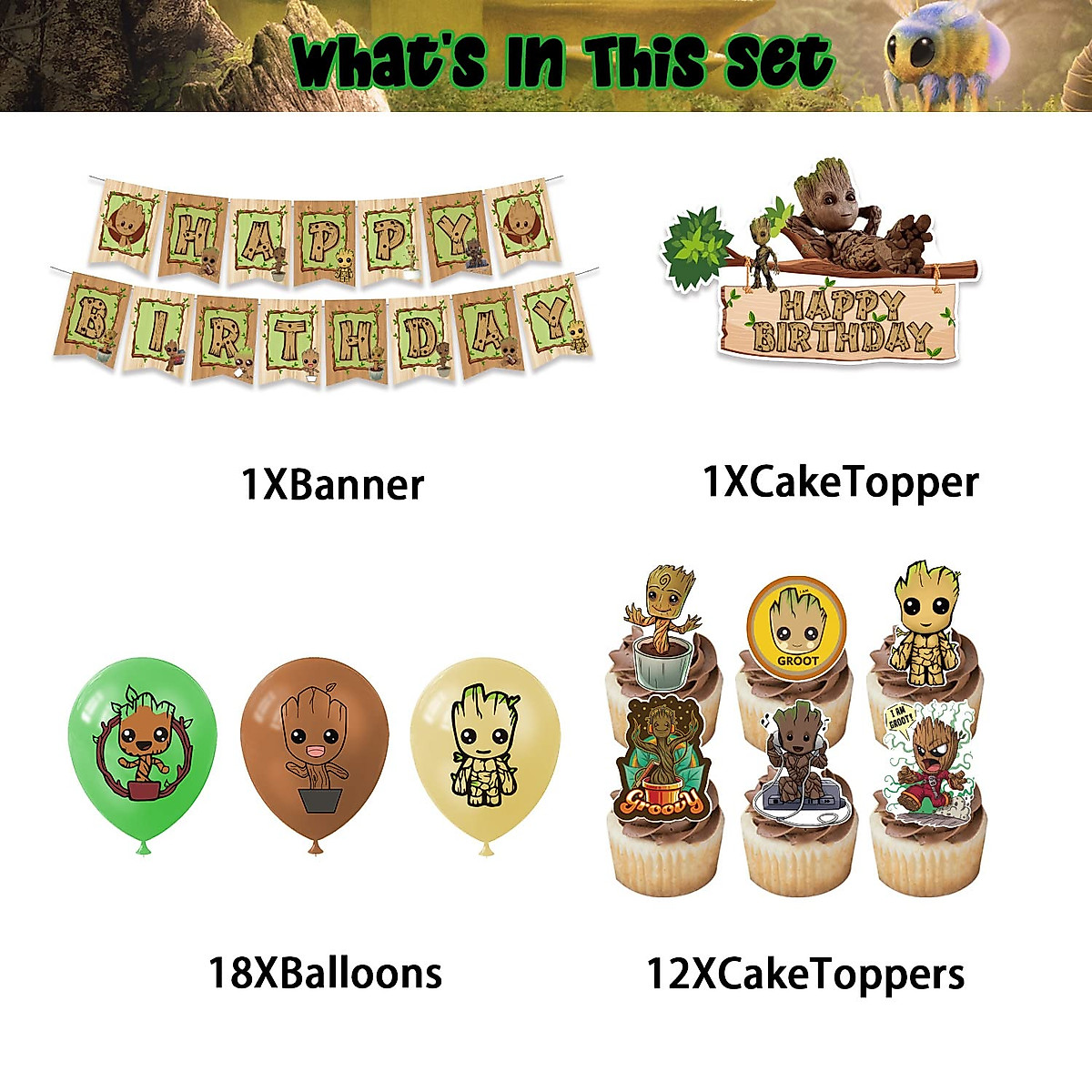 Groot Party Decorations, Groot Birthday Decorations, Groot Birthday Party Supplies，Set Include Banner Balloons Cake Tops