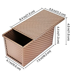Flexzion Pullman Loaf Pan with Lid Cover (2 Pack) for Baking Oven Sandwich Bread Toast - 1lb Dough Capacity Square Corrugated Cake Mold Non-Stick Carbon Steel Box Bakeware Kitchen Accessories (Gold)