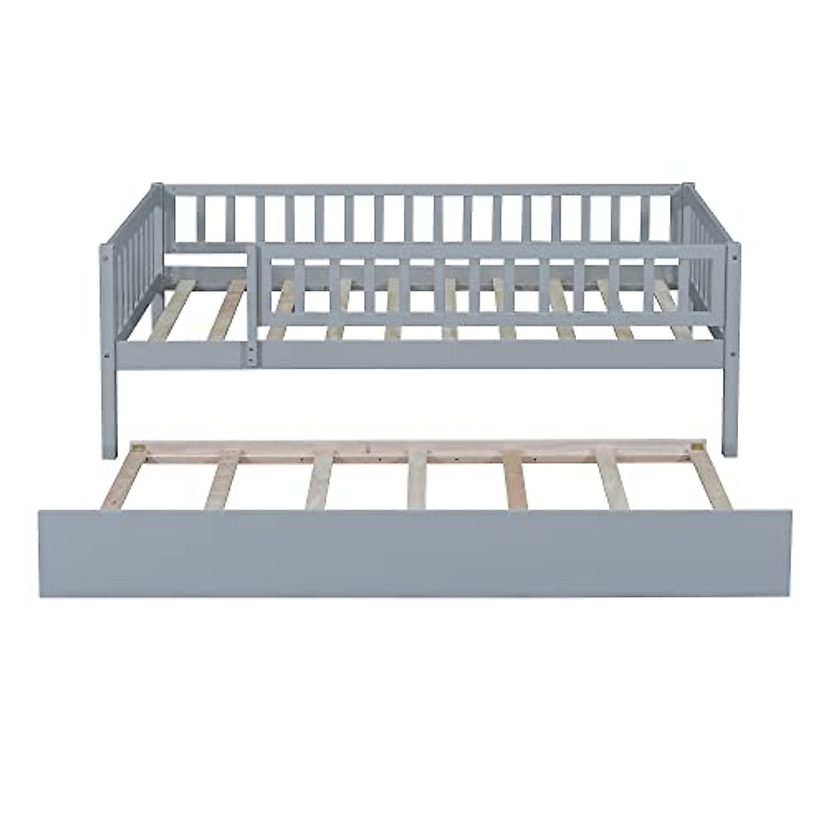 RORIGAT Wooden Daybed, Twin Size Bed Frame with Trundle and Fence Guardrails for Kids Teens Adults, Wood Slat Support, No Box Spring Needed, Easy Assembly,Gray