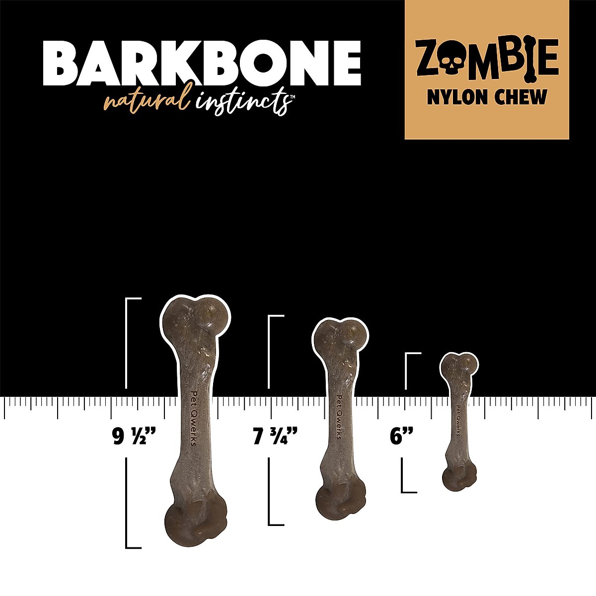 Pet Qwerks Zombie BarkBone - Nylon Dog Bone for Moderate Chewers - Bacon Flavor - 7.75", All Breed Sizes
