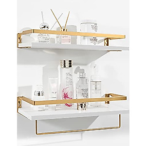 Afuly Floating Shelves White Hanging Shelves Wall Shelf for Toilet Bathroom Kitchen Bedroom Brass Wall Mounted Modern Luxury, Set of 2