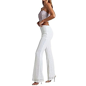 Sequin Flared Pants for Women High Waisted Loose Sparkly Wide Leg Disco Rave Pants Silver XL