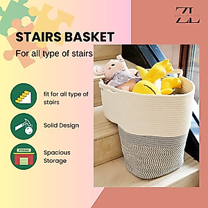 Rope Stair Basket for Carpeted and Wooden Stairs - Rope Basket with Handles - Cotton Rope Storage Basket - Collapsible Basket for Stairs With Felt Sheet Internal Support (Large, Cotton Rope Brown)