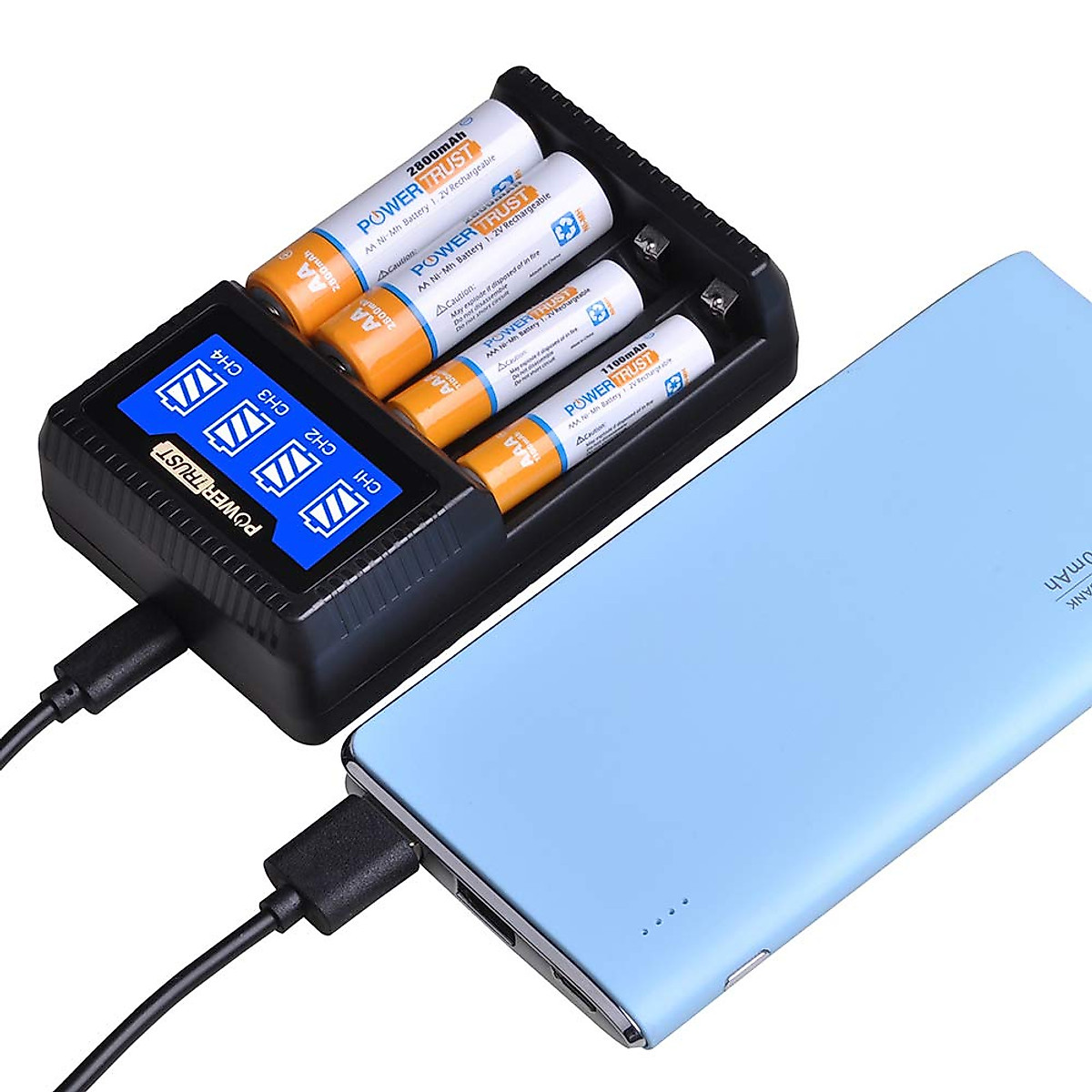 PowerTrust 2800mAh 4Pack AA Rechargeable Batteries and LCD USB Charger for AA AAA Ni-MH Rechargeable Batteries with 4-Slots