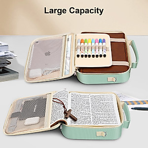 FINPAC Large Bible Cover w/Shoulder Strap, Carrying Book Case Church Bag Bible Protective w/Pen Slots and Zippered Pocket, Perfect Gift for Kids Girls Women (Light Green)