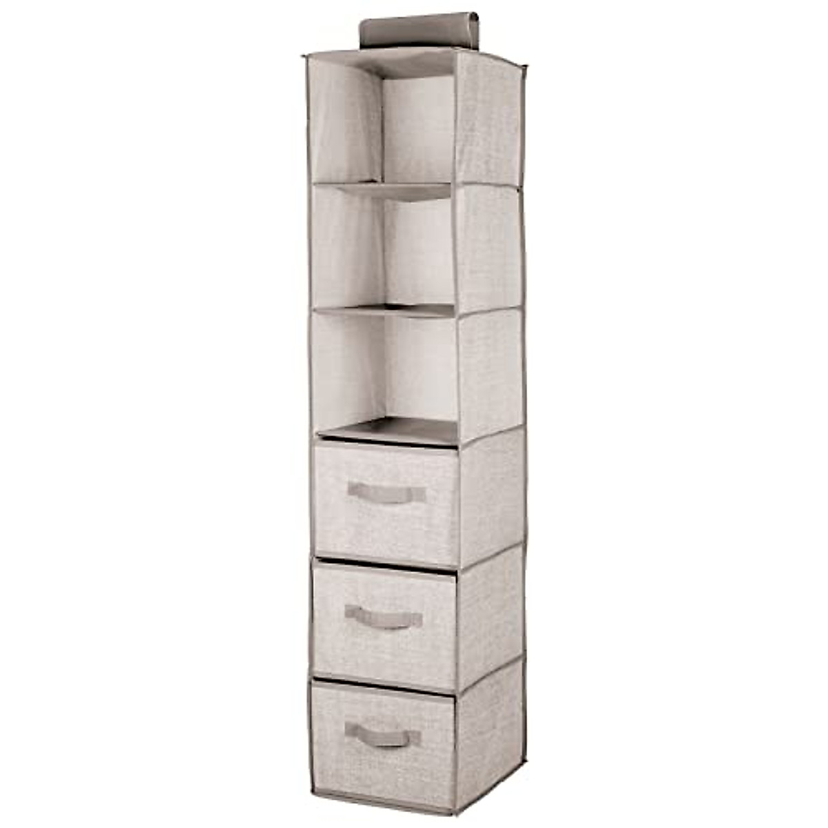 mDesign Long Soft Fabric Over Closet Rod Hanging Storage Organizer with 3 Shelves and 3 Drawers for Clothes, Leggings, Lingerie, T Shirts - Textured Print - Linen/Tan