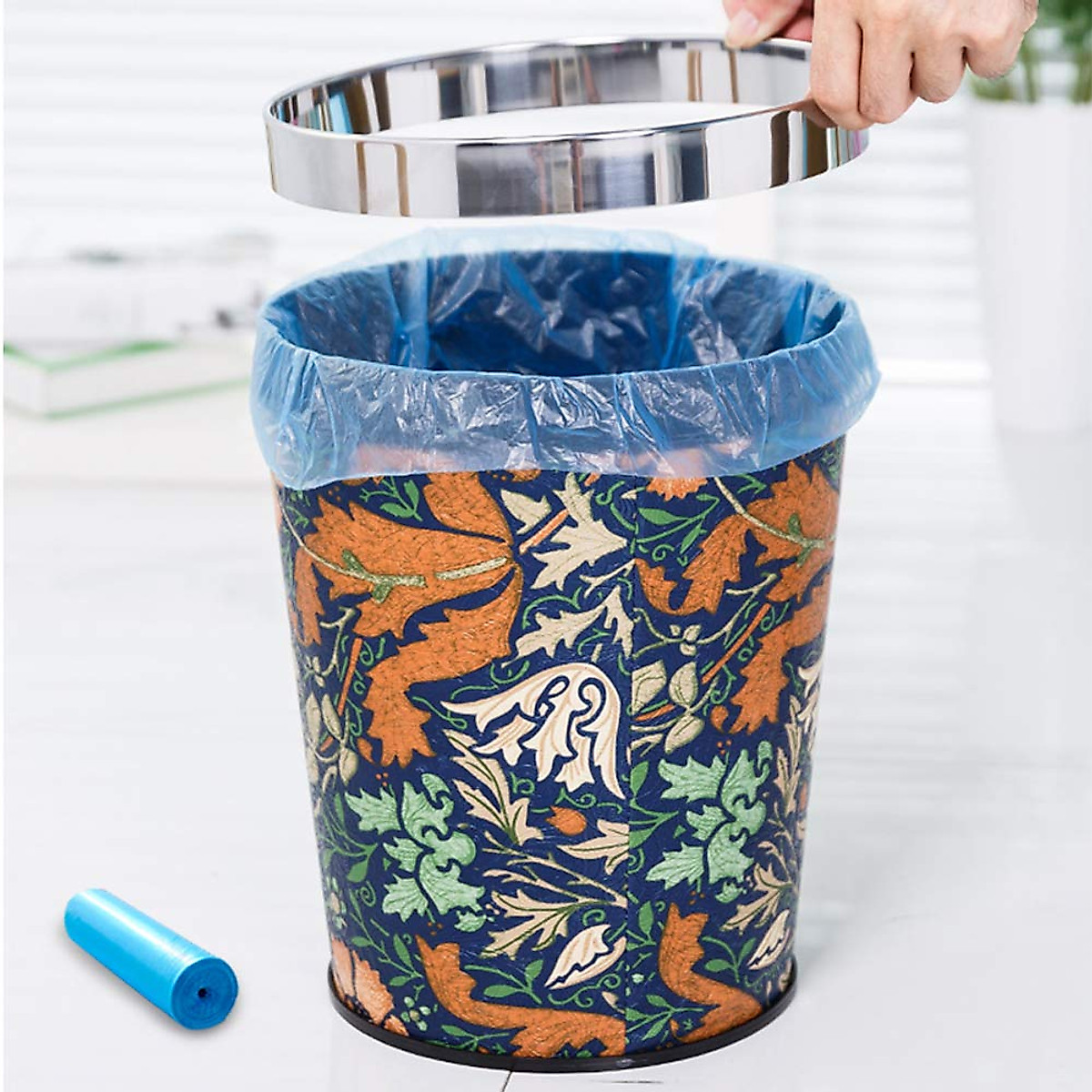 Flower Pattern Trash Can Wastebasket, Round Garbage Container Bin for Bathrooms, Powder Rooms, Kitchens, Home Offices (Peony Flower, Small)
