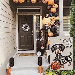 Halloween Trick or Treat Garden Flag Ghost Dog 12x18 Inch Small Double Sided Burlap Welcome Yard Dachshund Skeleton Outside Decorations DF342