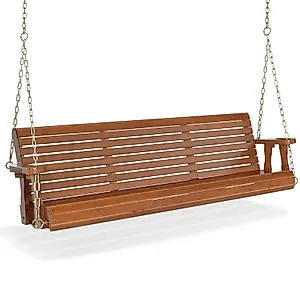 VINGLI Upgraded Patio Wooden Porch Swing for Courtyard & Garden, Heavy Duty 880 LBS Swing Chair Bench with Hanging Chains for Outdoors (Brown, 5 FT)