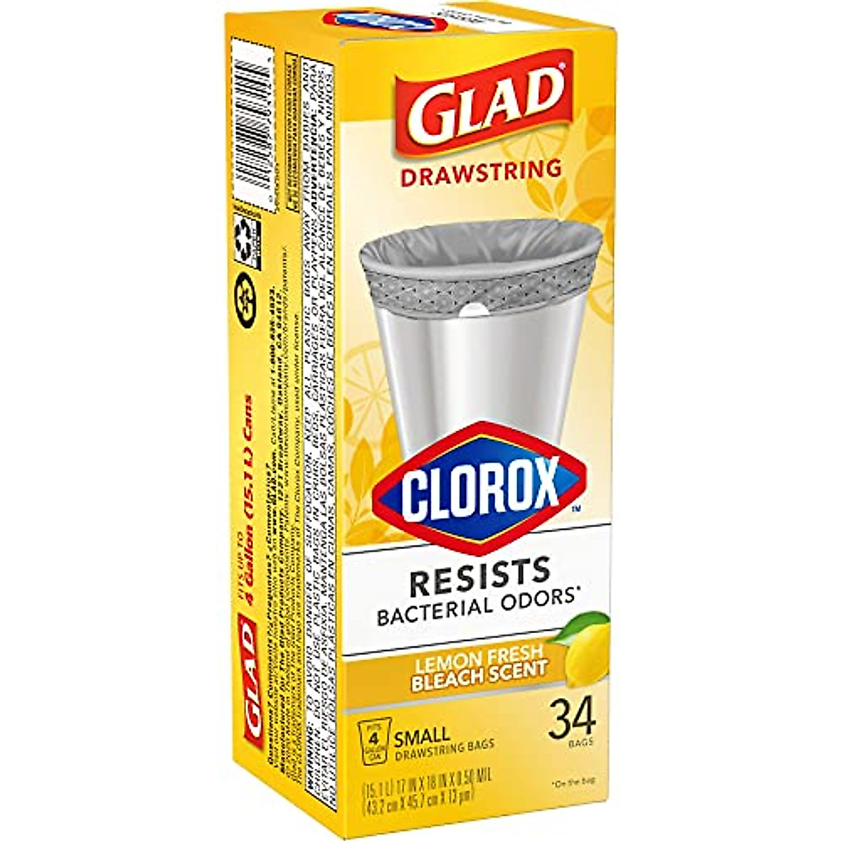 Glad Small Drawstring Trash Bags with Clorox, 4 Gallon Grey Trash Bags, Lemon Fresh Bleach Scent, 34 Count (Package May Vary)