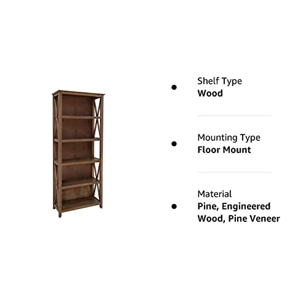 Amazon Brand – Stone & Beam 5-Shelf Bookcase, 75"H, Weathered Oak Finish
