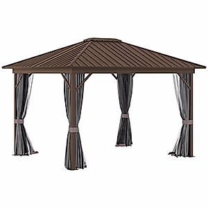 ZZBJ 10' X 12' Outdoor Hardtop Gazebo with Aluminum Frame, Metal Roof Gazebo Canopy with Curtains and Netting