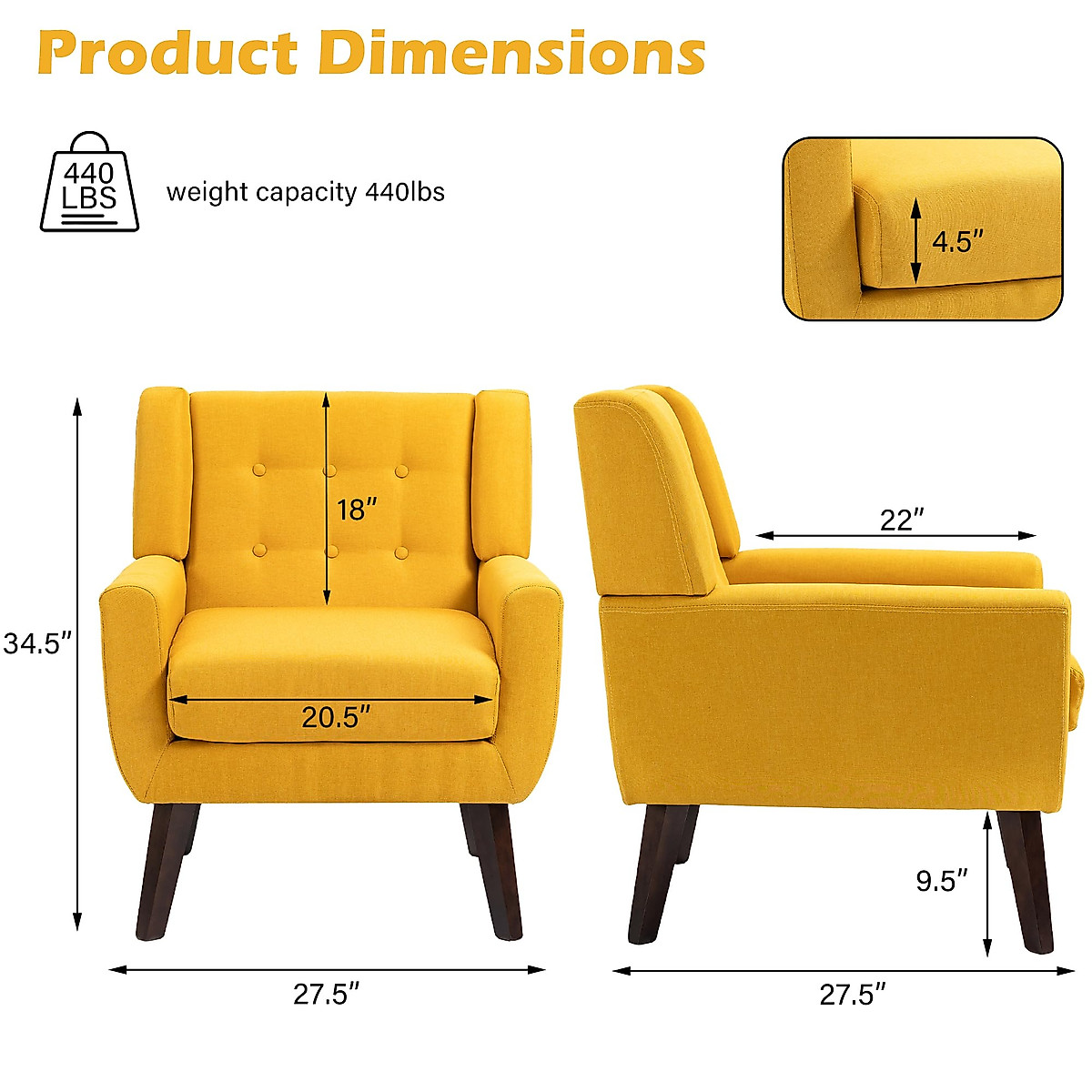UIXE Accent Chairs Set of 2, Modern Living Room Arm Chair Button Tufted Armchair, Comfy Upholstered Club Lounge Sofa Seat Reading Chair Bedroom Side Seating for Home Office (Yellow)