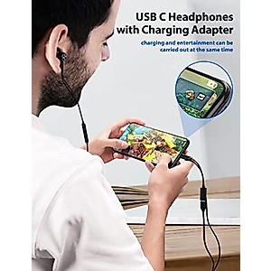 USB C Headphone for Samsung Galaxy S23 Ultra S22 A53, Type C Headphone Charging Adapter 2-in-1 Wired Earbuds with Mic PD Fast Charging Noise Canceling Earphone for Google Pixel 7 Pro 6 6A Flip 3