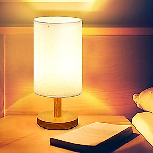 ALOTUS Table Lamp for Bedroom - 12W Bedside Lamps for Nightstand, Solid Wood Night Stand Light Lamp with Round Flaxen Fabric Shade for Living Room, Dorm, Home Office (LED Bulb Included)