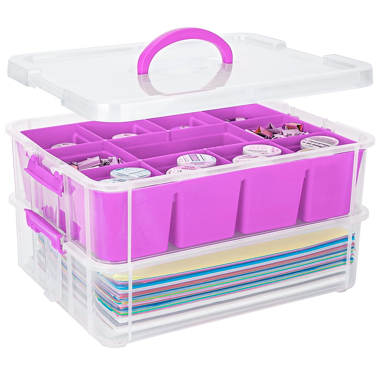 TERGOO 2 Layer Plastic Storage Containers with Removable Tray, Multipurpose Stack & Carry Box with Lid, Portable Craft Organizers and Storage Bin for Organizing Art & Craft Supplies, Crayon(Purple)