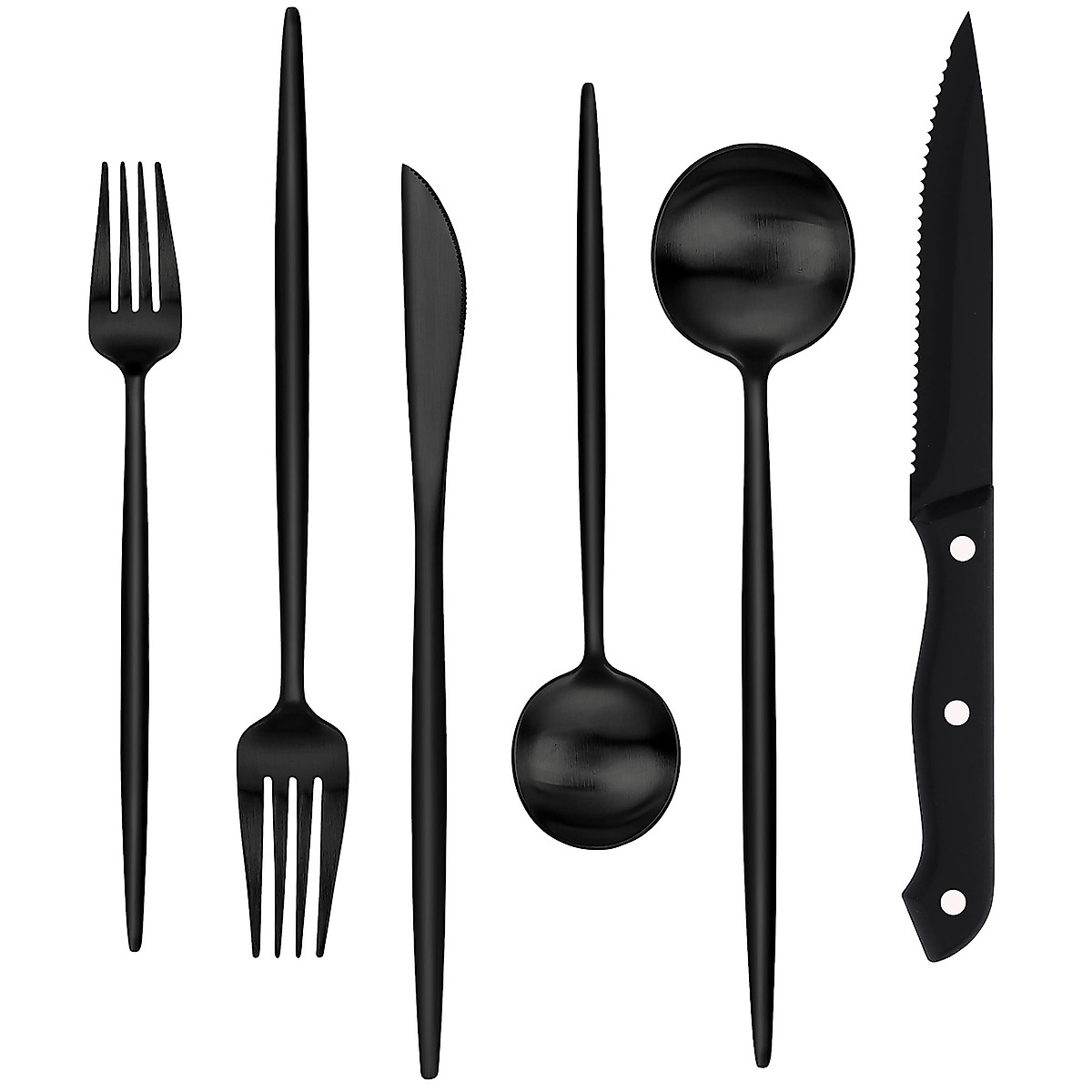 Stapava 48-Piece Matte Black Silverware Set with Steak Knives, Stainless Steel Flatware Set for 8, Satin Finish Tableware Cutlery, Utensil Sets for Home Restaurant Hotel, Dishwasher Safe