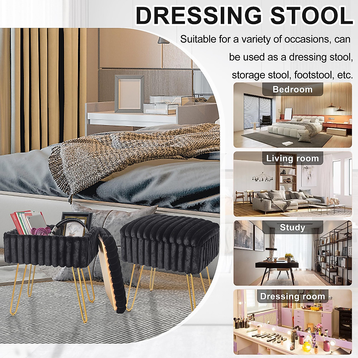 AKOZLIN Velvet Storage Ottoman Seat Modern Soft Vanity Stool Chair with 4 Gold Metal Legs for Makeup,Drawing,Living Room-Black 16.5" W x 13.4" D x 19.3" H