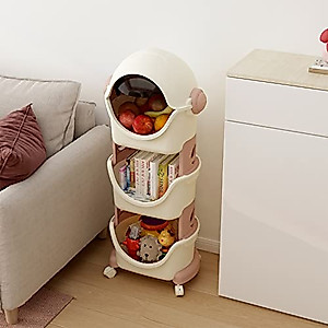 BanaSuper Kids Storage Cart with Wheels Spaceman Shape 3-Tier Rolling Bins for Toddler Dustproof Cover Children Toy Storage Organizer for Kids in Playroom Bedroom Nursery (Pink)
