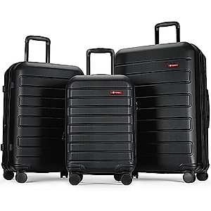 GinzaTravel 3-Piece ABS Luggage Set with TSA Locks, Expandable, and Friction-Resistant in Black - Includes 20", 24" & 28" Spinner Suitcases