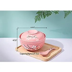LLDAYU Japanese Creative Hand-Painted Ceramic Bowls with Soup Spoon, Large 27.5 OZ ramen bowls/Soup bowls,with Heat Preservation Function, and Suitable for Microwave Oven, and Dishwasher- pink