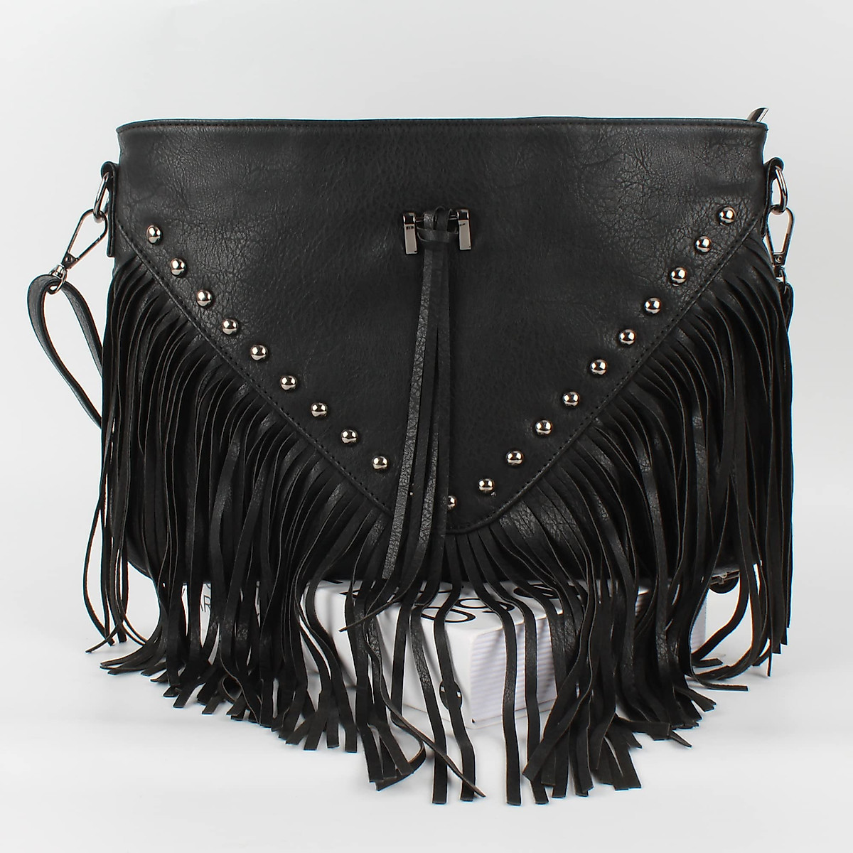 Hoce Women’s Leather Fringe Messenger Bag Hobo Crossbody Tassel Shoulder Bags, Black