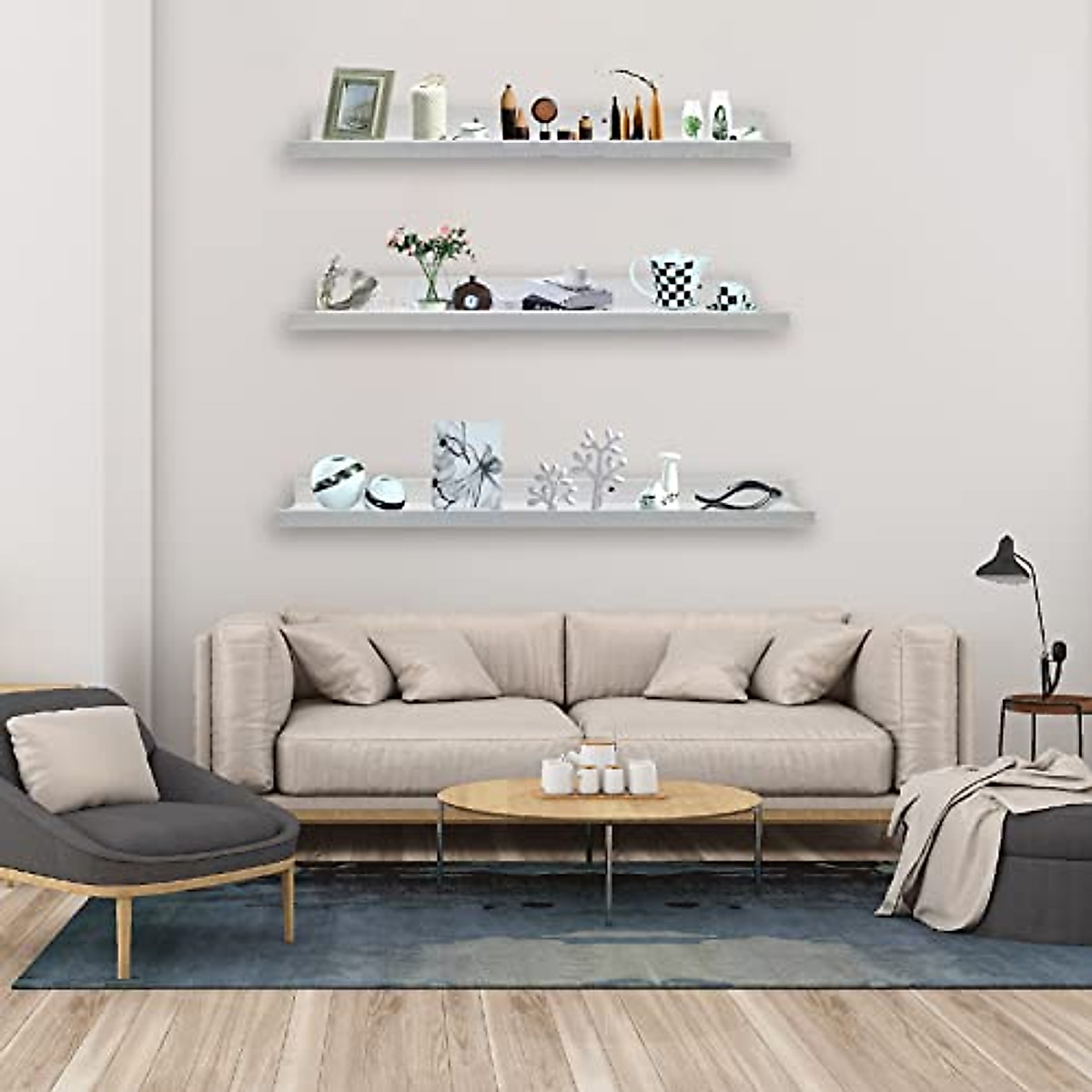 Goizxol, Floating Shelves Set of 3, Wall Mounted Wood Shelves for Decor Storage, White Floating Shelves for Living Room, Bedroom, Kitchen, Bathroom (White, 36inch)