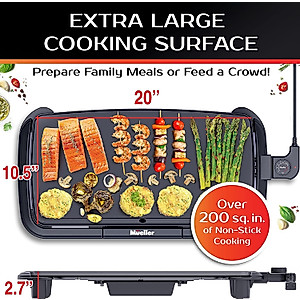 Mueller HealthyBites Electric Griddle Nonstick, 20 Inch Eco Pancake Griddle Grill Teflon-free, 10 Eggs at Once, Cool-Touch Handles & Slide-Out Drip Tray, for Breakfast Pancakes, Burgers, Eggs