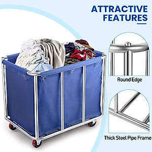 Laundry Cart with Wheels, 400L Capacity Commercial Laundry Sorter Rolling Laundry Hamper with Removable Oxford Bag and Sturdy Steel Frame, 330 lbs Load, Blue