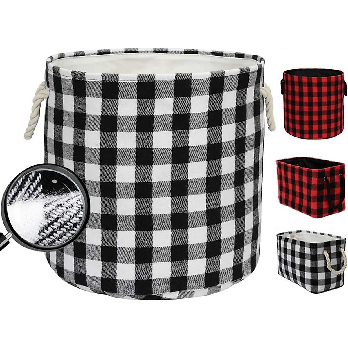 Xingte Durable Round Laundry Basket Foldable Storage Baskets Home Organization Containers Buffalo Checked with Rope Handles, White Black Grid, L