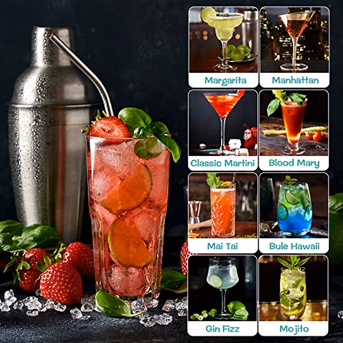 Bartender Kit,Cocktail Shaker Set,Bar Mixing Set with 24oz Stainless Steel and Bamboo Stand, Bar Set with Recipe by Bournis