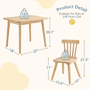 Curipeer Windsor Kids Table and 2 Chair Set, Rubberwood Toddler Table and Chair Set for Art, Play, Craft, Activity, Children Table with Non-Slip Legs/Round Edge Design, Natural Wood