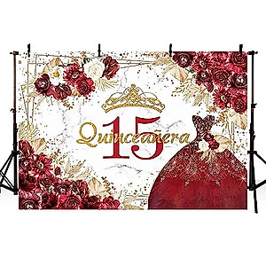 MEHOFOND 10x7ft Boho Floral Quinceanera 15th Birthday Backdrop for Girls Red Flowers Pampas Grass Mis Quince Anos 15th Birthday Party Decorations Photography Background Gold Glitter Dots Crown Banner