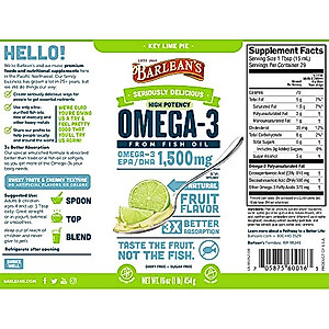 Barlean's Key Lime Pie High Potency Omega 3 Fish Oil Supplements - 1500mg of Omega 3 EPA/DHA for Brain, Heart, Joint, & Immune Health - All Natural Fruit Flavor, Non GMO, Gluten Free - 16-Ounce