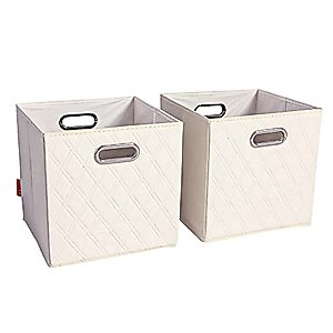 JIAessentials 11 inch Beige Foldable Diamond Patterned Faux Leather Storage Cube Bins Set of Two with Handles for living room, bedroom and office storage