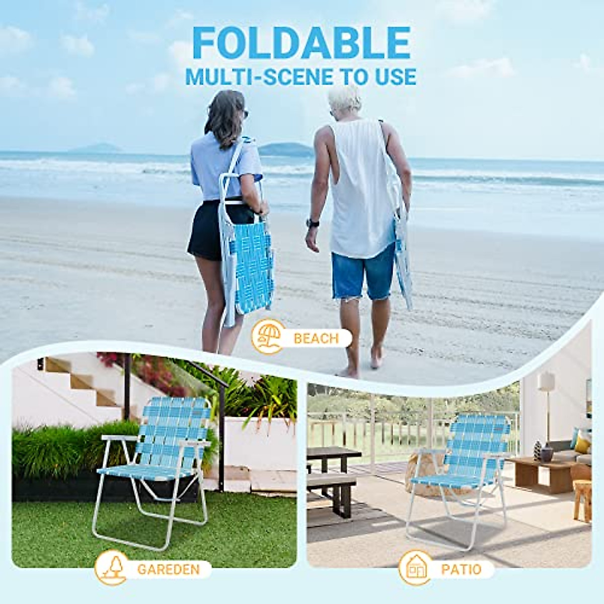 #WEJOY 2 Pack Folding Webbed Lawn Beach Chair,Heavy Duty Portable Chairs for Outside with Hard Arm,Carry Strap for Outdoor Camping Garden Concert Festival Sand Picnic BBQ
