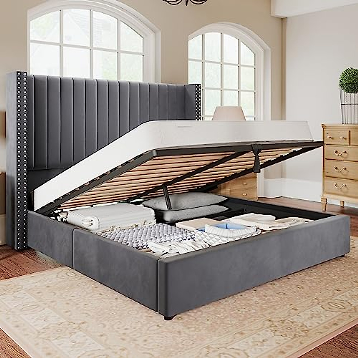 Jocisland Lift up Storage Bed Frame Queen Size, Upholstered Platform Bed Velvet with Channel Tufted Wingback Headboard, No Box Spring Needed, Gray