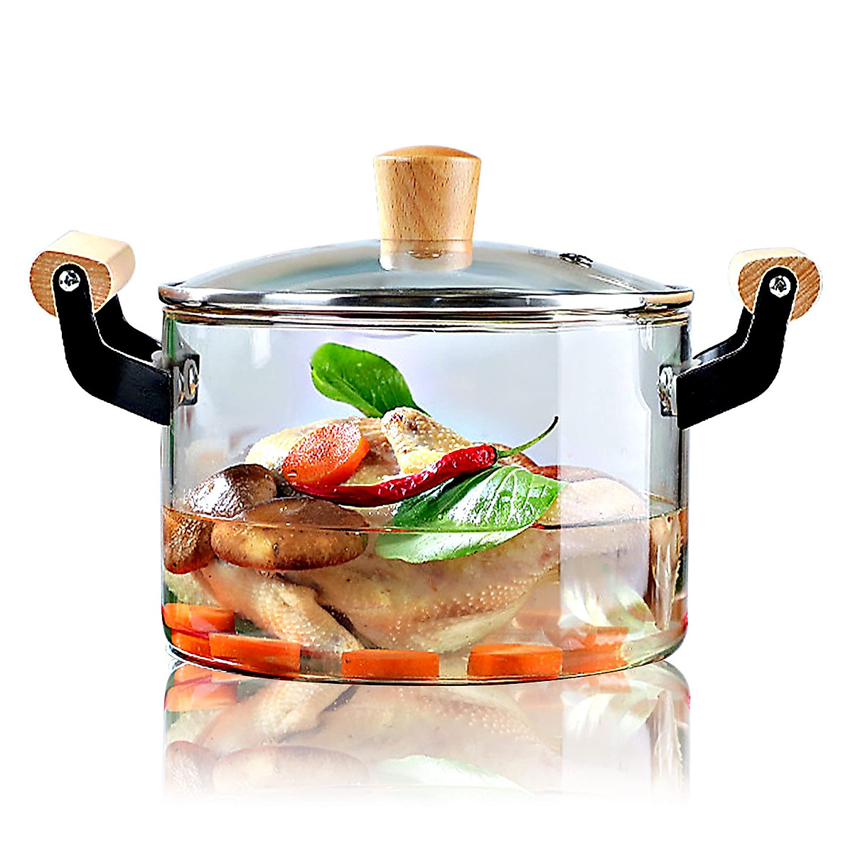 Glass Simmer Pot 3.5L Glass Pots for Cooking with Cover and Wooden Handle Glass Cookware for Stovetop Safe for Pasta Noodle Soup Milk Baby Food Transparent