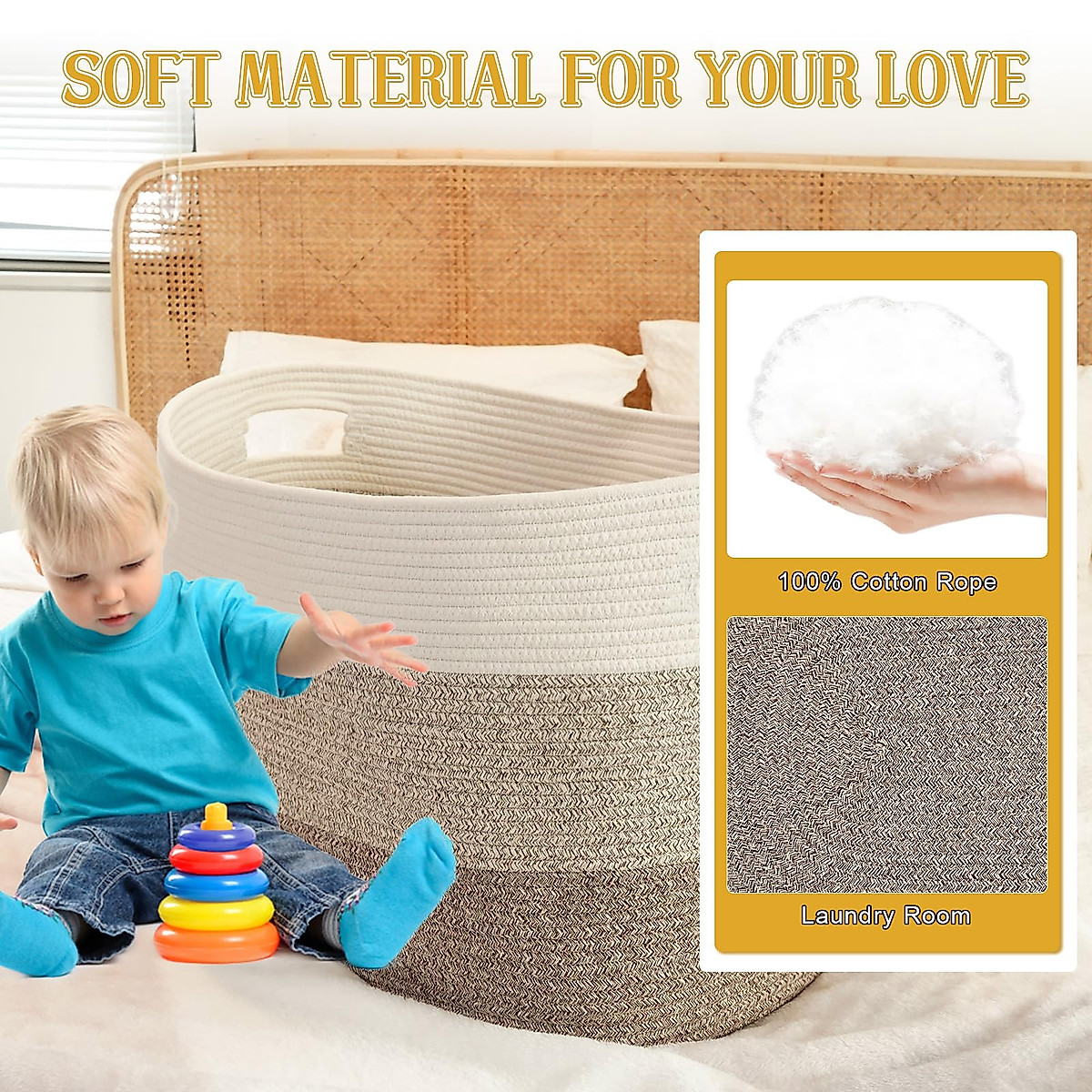 AROPEME XXXXL Large Storage Basket for Organizing, 25"x13"x16" Laundry Basket, Cotton Rope Basket, Blanket Basket Living Room, Woven Toy Basket for Baby, Nursery Storage Bin, Gradient Brown